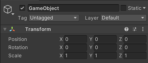 Denetçi görünümündeki Unity Transform bileşeni.