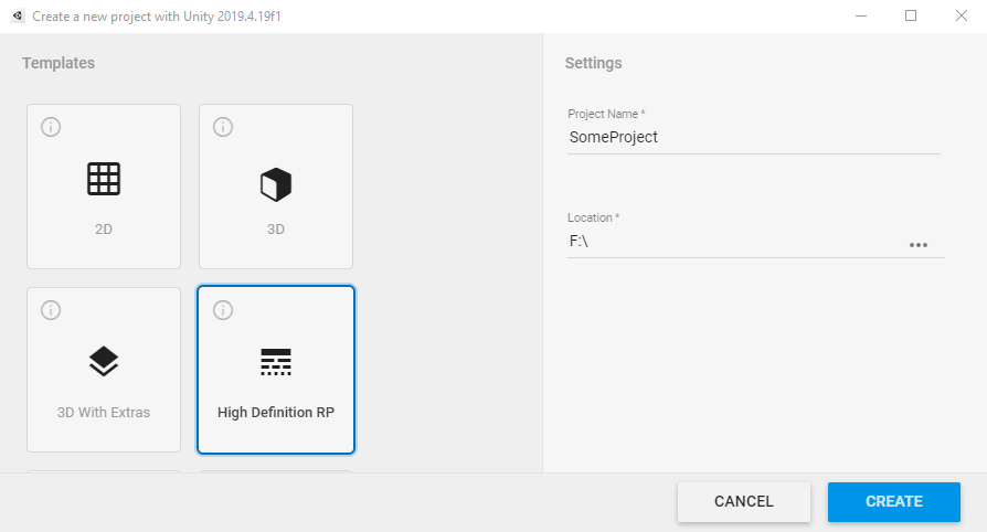 Unity Hub proje oluşturucu penceresi.