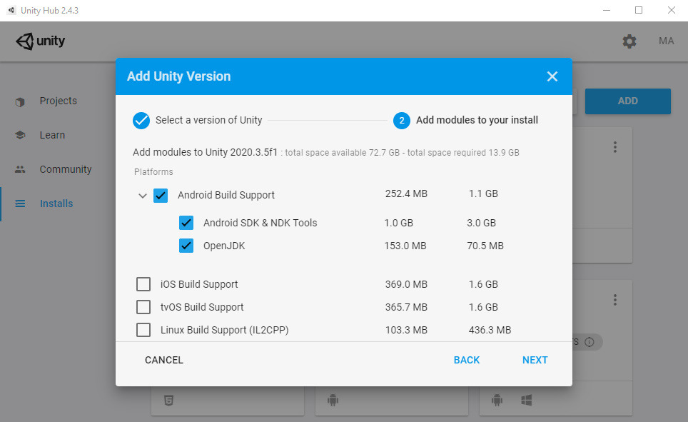 Unity Hub Eklenti Modülü Seçimi