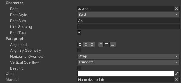 Unity Text Bileşen Denetçisi Arial Kalın Yazı Tipi Boyutu 34